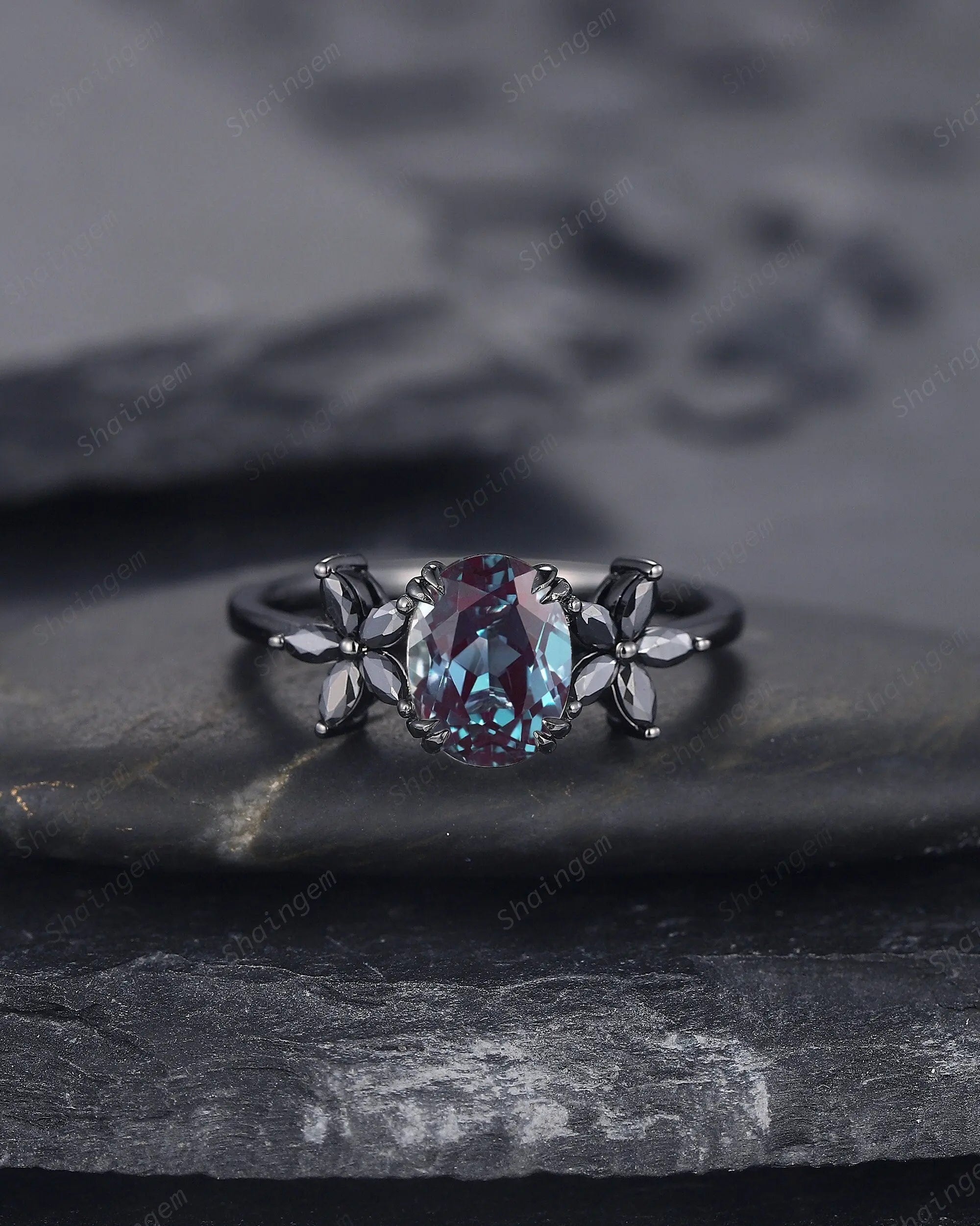 Oval Shape Alexandrite Cluster Black Moissanite Engagement Ring, Rhodi ...